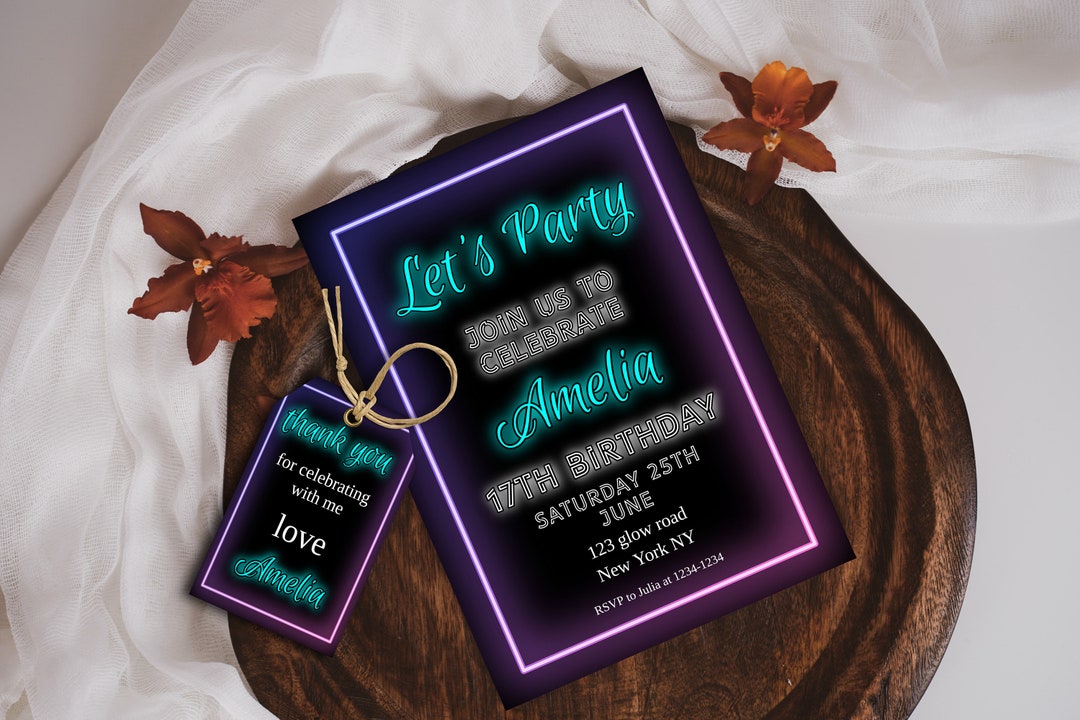 Neon Birthday Invitation, Neon Invitation, Instant Download - Etsy