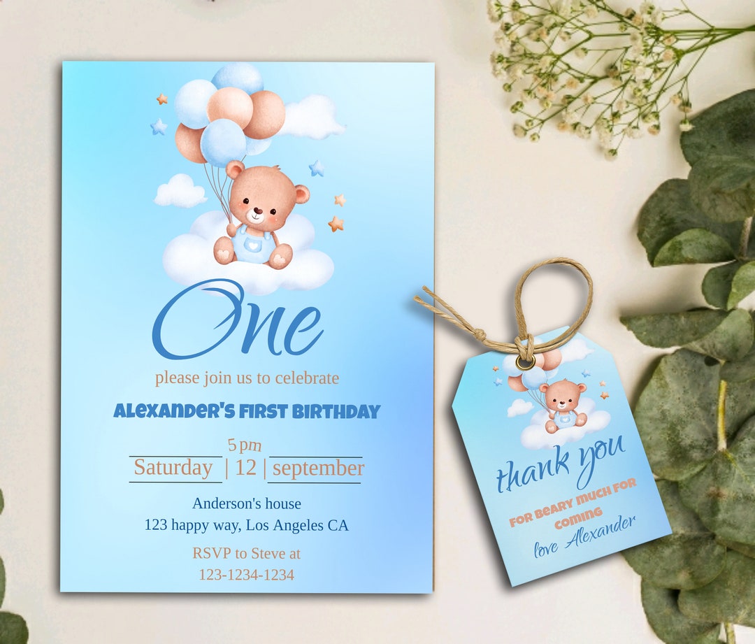 Teddy Bear Birthday Invitation, Bear With Balloons, Teddy Bear Party ...