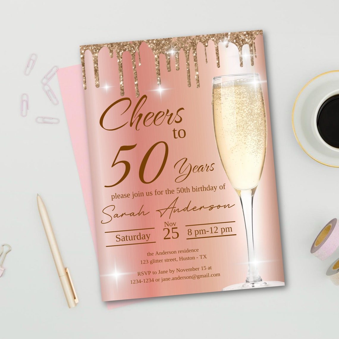 Rose Gold Cheers to 50 Years Invitation, for Any Age, Editable Rose ...