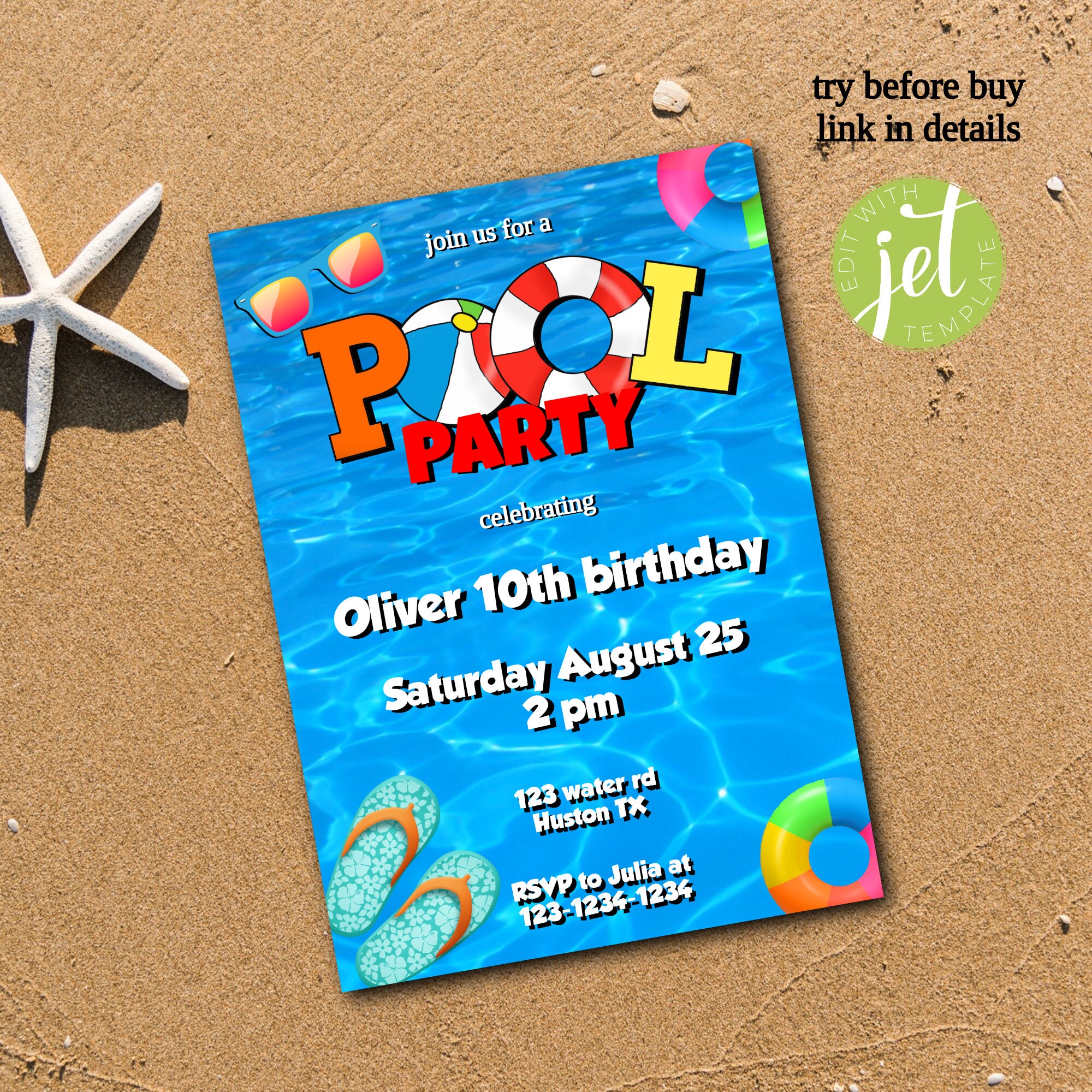 Pool Party Invitation,invitation for Any Age, Fully Editable ,instant ...