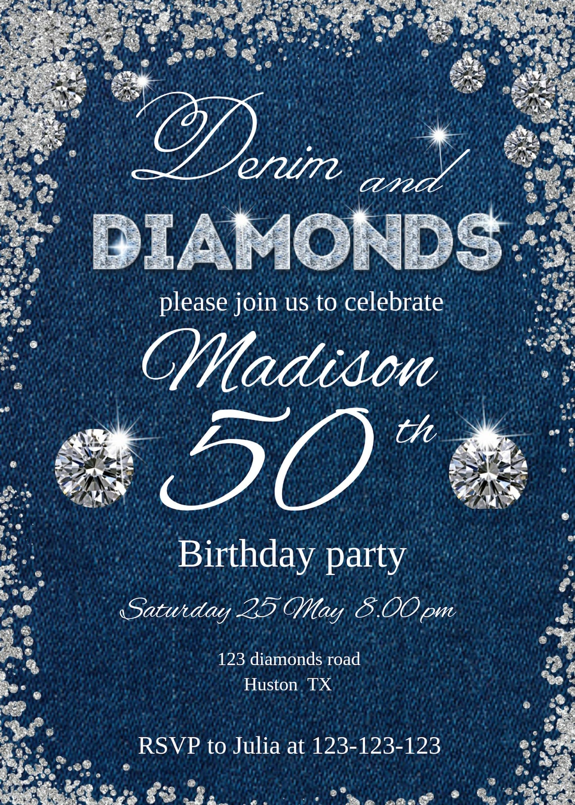 Denim and Diamonds Invitation for Any Age, Editable Denim and Diamonds ...
