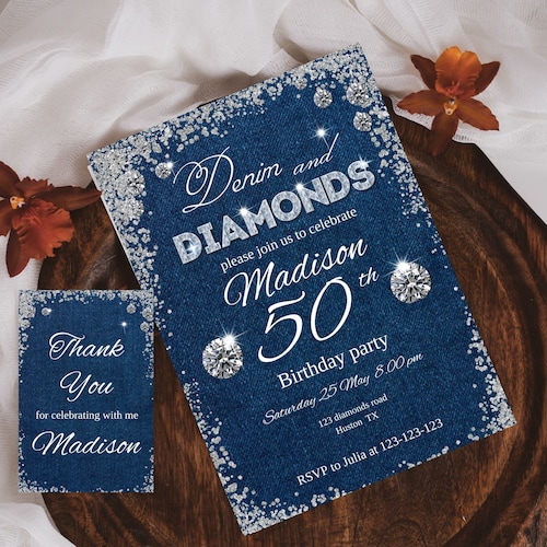 Denim and Diamonds Invitation for Any Age Editable Denim and - Etsy