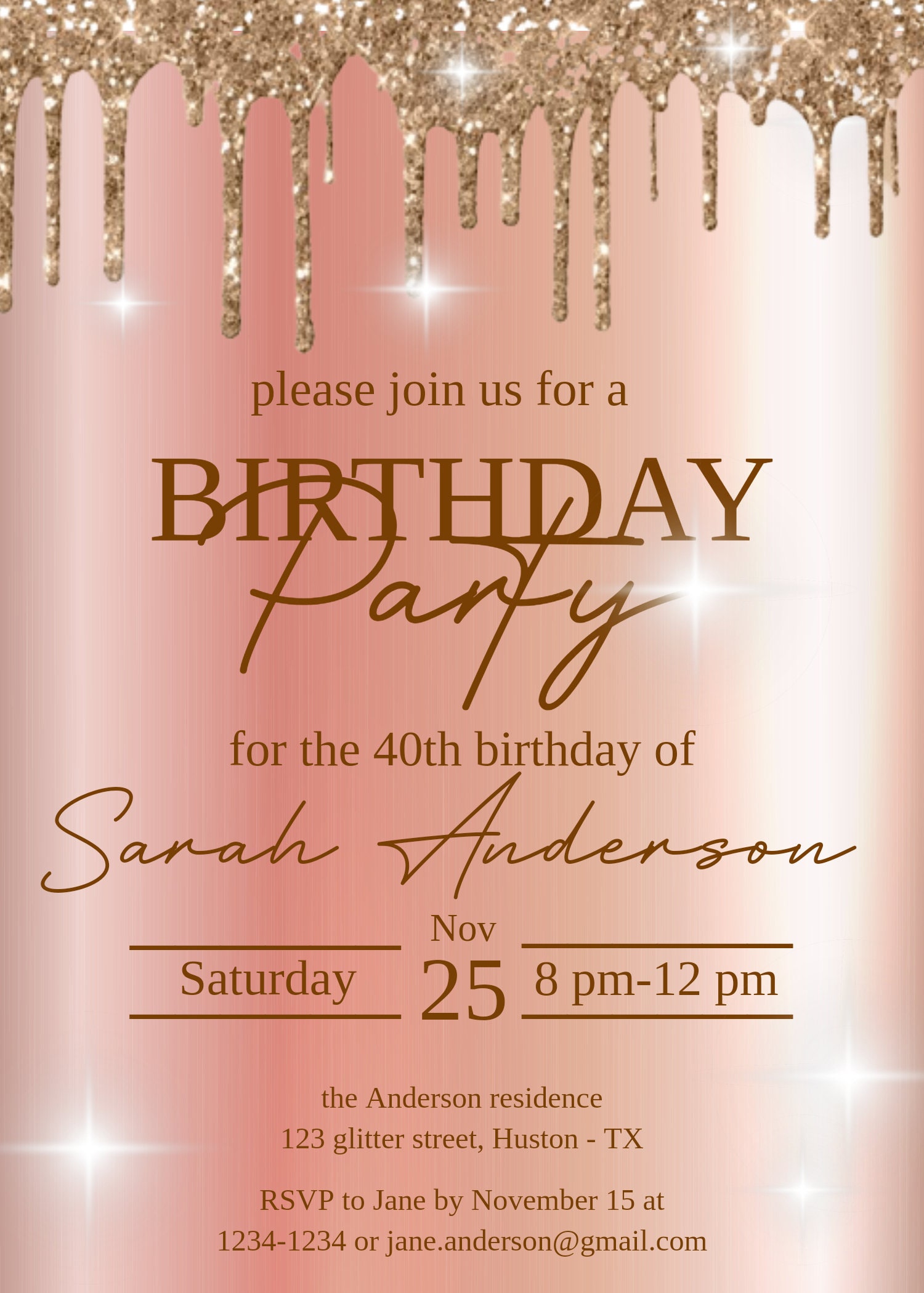 Glitter Rose Gold Invitation for Any Age, Editable Rose Gold Birthday ...