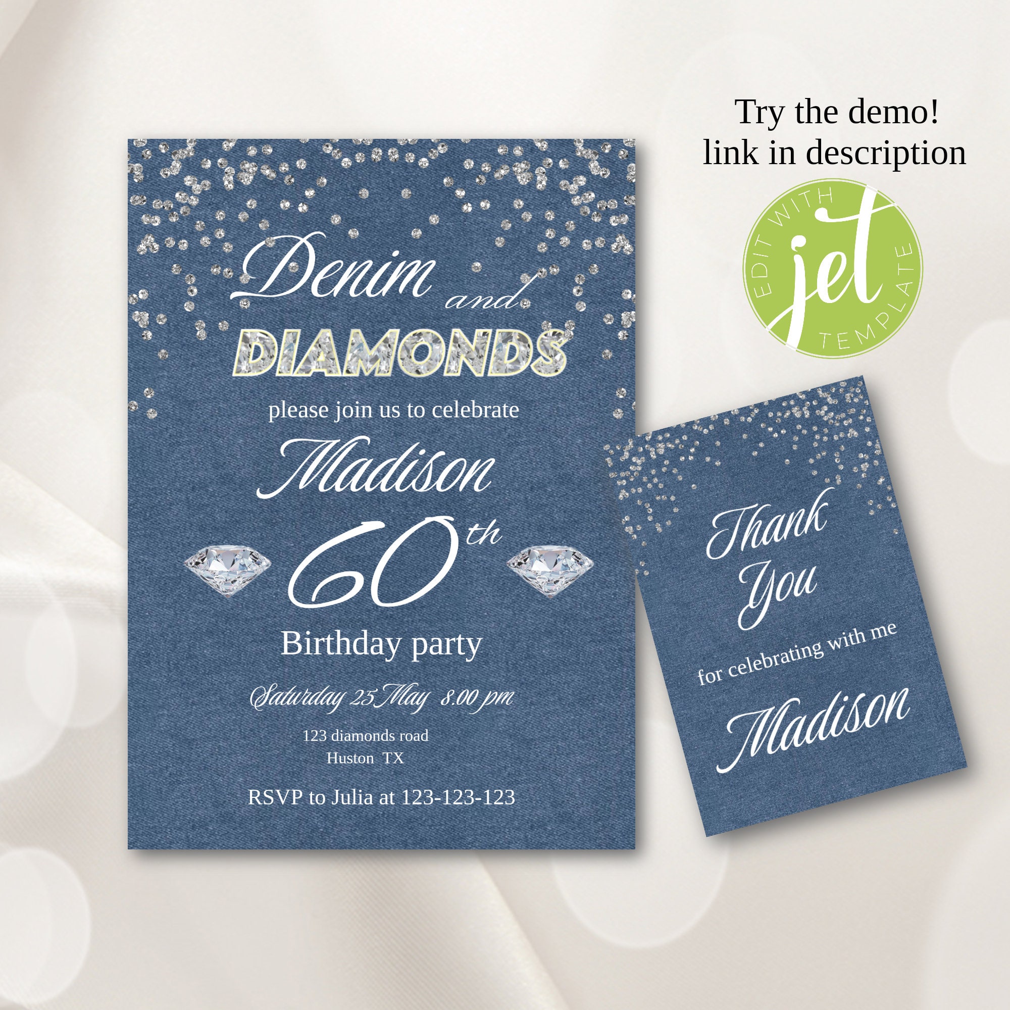 Denim and Diamonds, Invitation for Any Age, Editable Denim and Diamonds ...