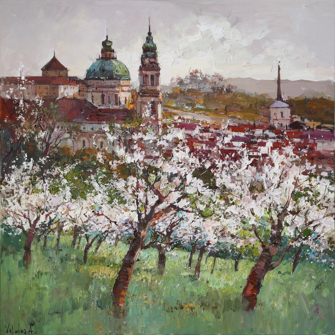 Spring Landscape Prague Original Oil Painting On Canvas Impasto Art