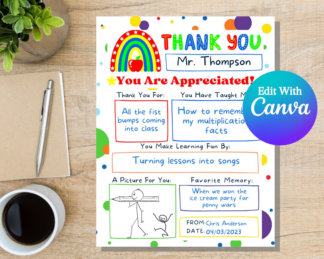 Teacher Appreciation Week, All About My Teacher Rainbow Fill in Blank ...