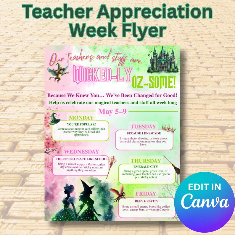 Magical Teacher Appreciation Week Flyer | Green and Pink Magica Witch ...