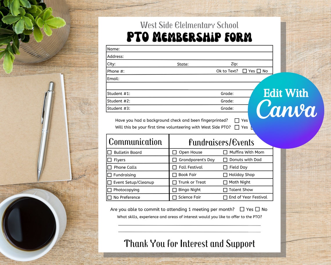 Editable PTO Membership Form | PTO Forms | PTA Printable - Etsy