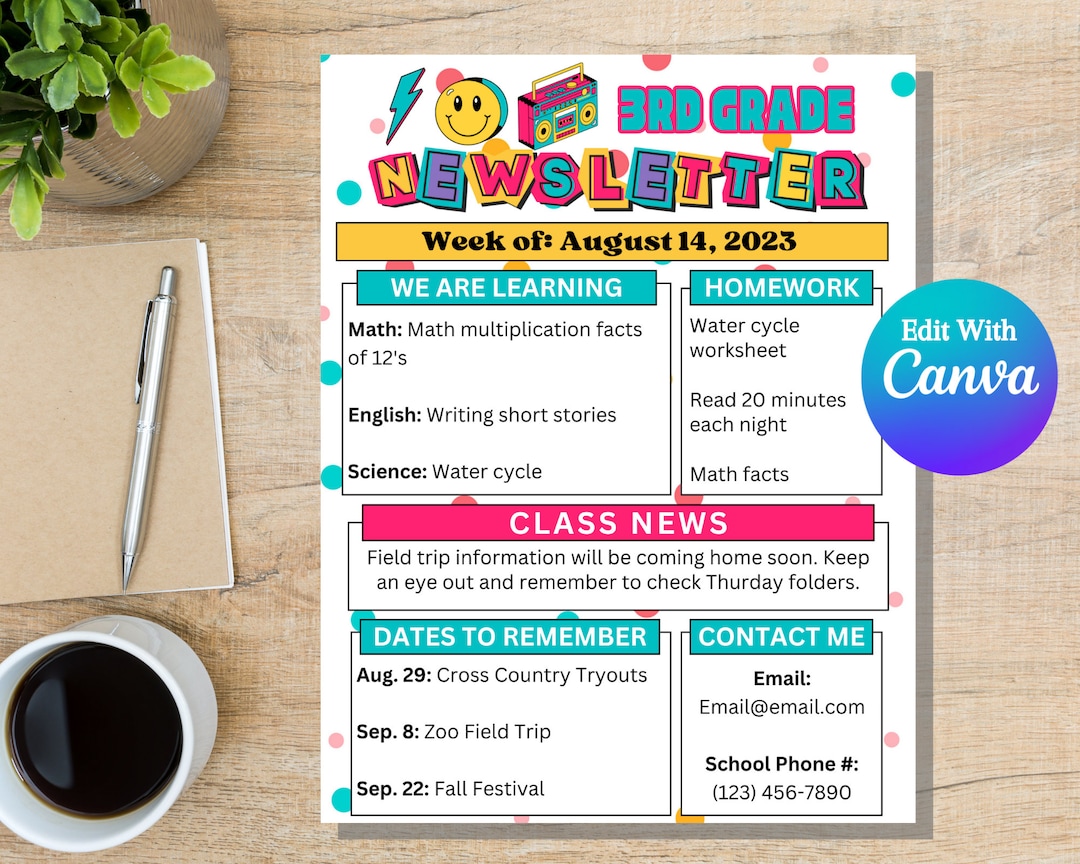 90 Theme Class Newsletter Editable | School Newsletter Forms | PTA ...