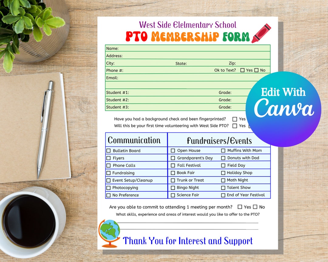 Editable PTO Membership Form | PTO Forms | PTA Printable - Etsy
