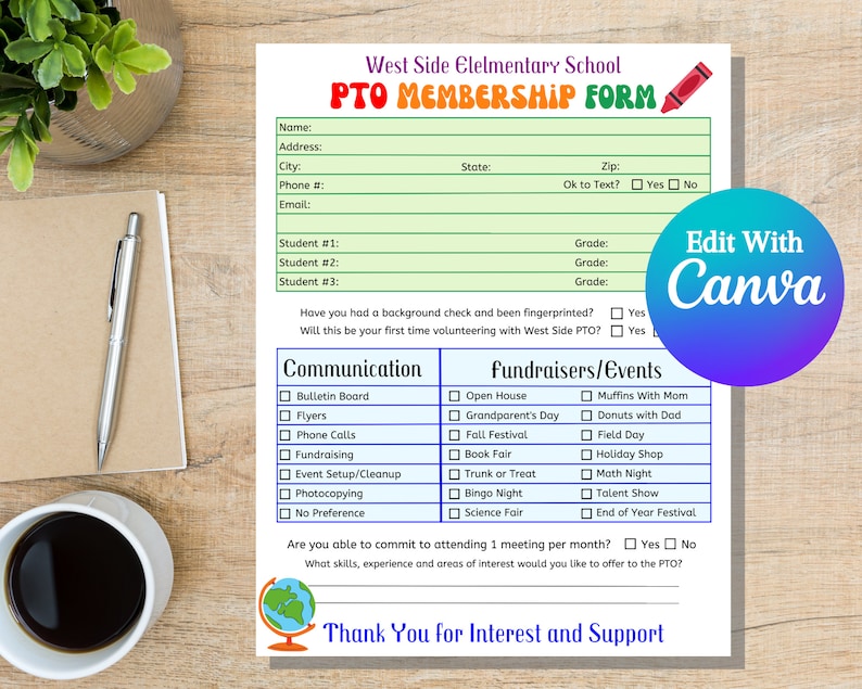 Editable PTO Membership Form | PTO Forms | PTA Printable - Etsy
