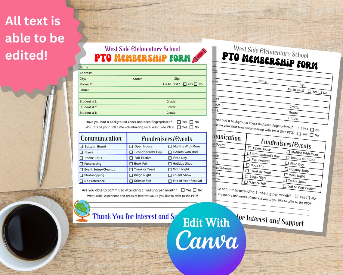 Editable PTO Membership Form | PTO Forms | PTA Printable - Etsy