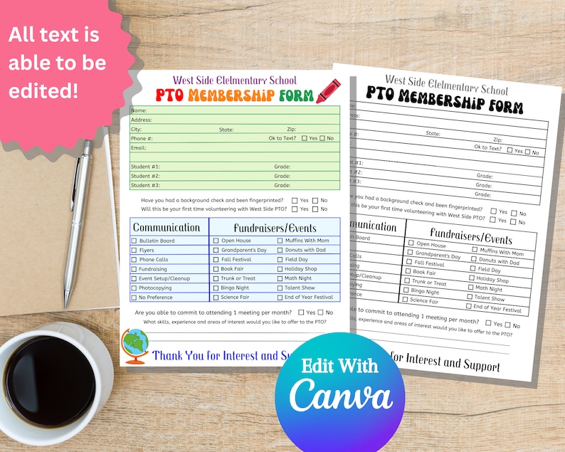 Editable PTO Membership Form | PTO Forms | PTA Printable - Etsy
