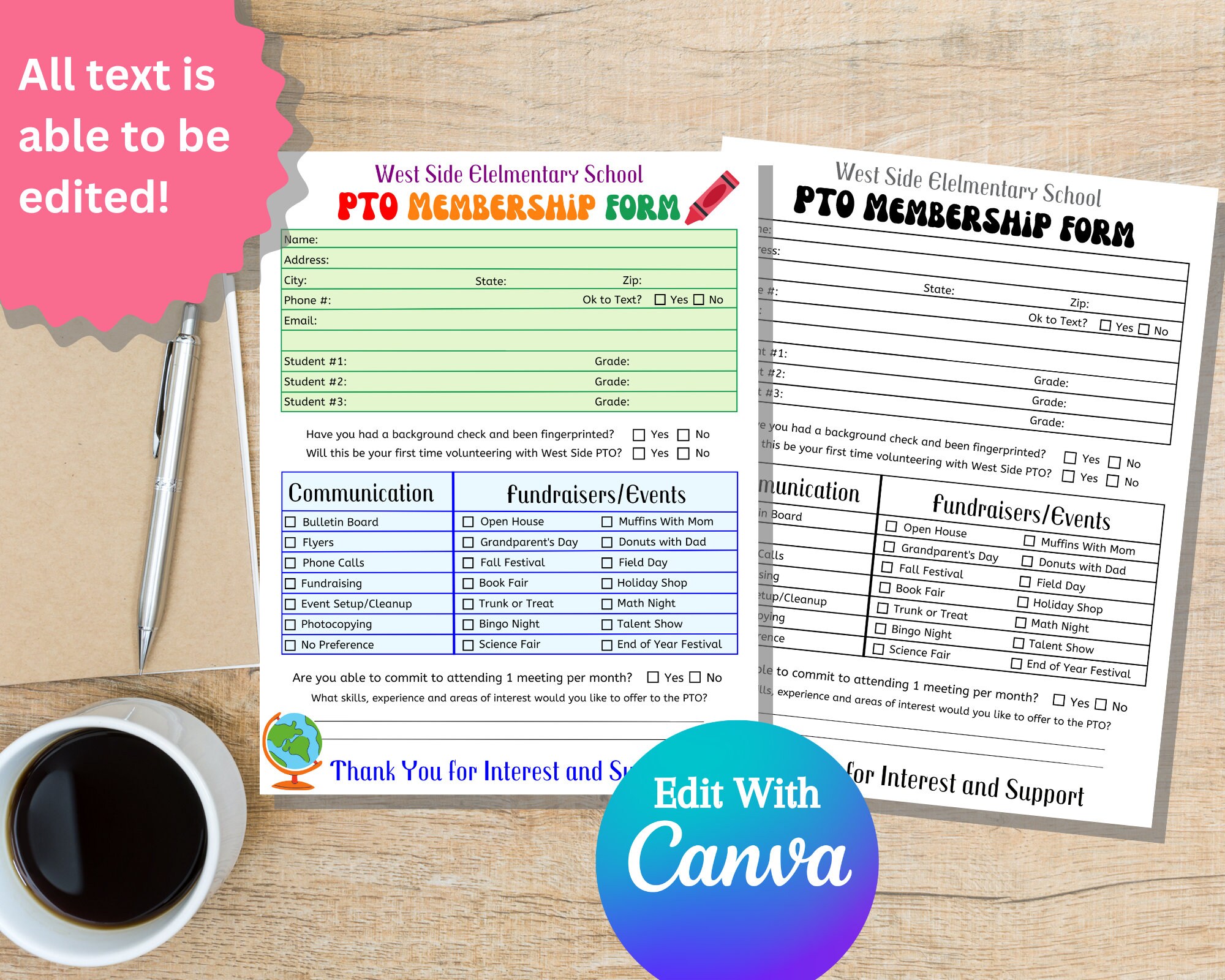Editable PTO Membership Form | PTO Forms | PTA Printable - Etsy