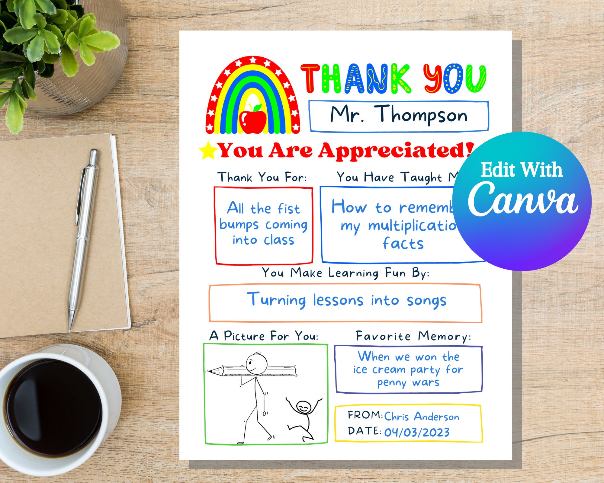 Teacher Appreciation Week, All About My Teacher Rainbow Fill in Blank ...