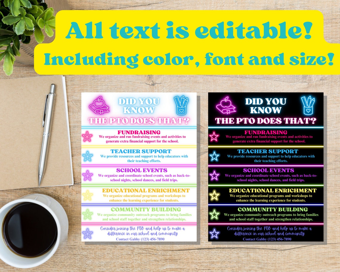 Neon PTO Flyer | PTA Information | Editable Printable Informational ...