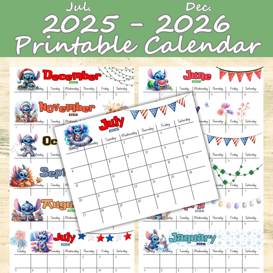 Stitch 2025-2026 Calendar | Printable Calendar | Editable Calendar - Etsy