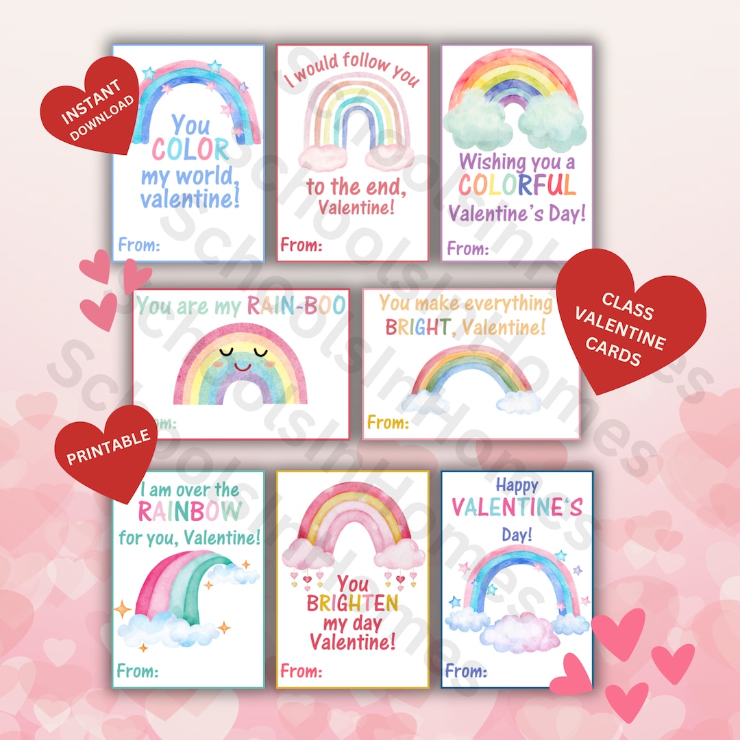 Rainbow Class Valentines | Printable Class Rainbow Valentines | Instant ...
