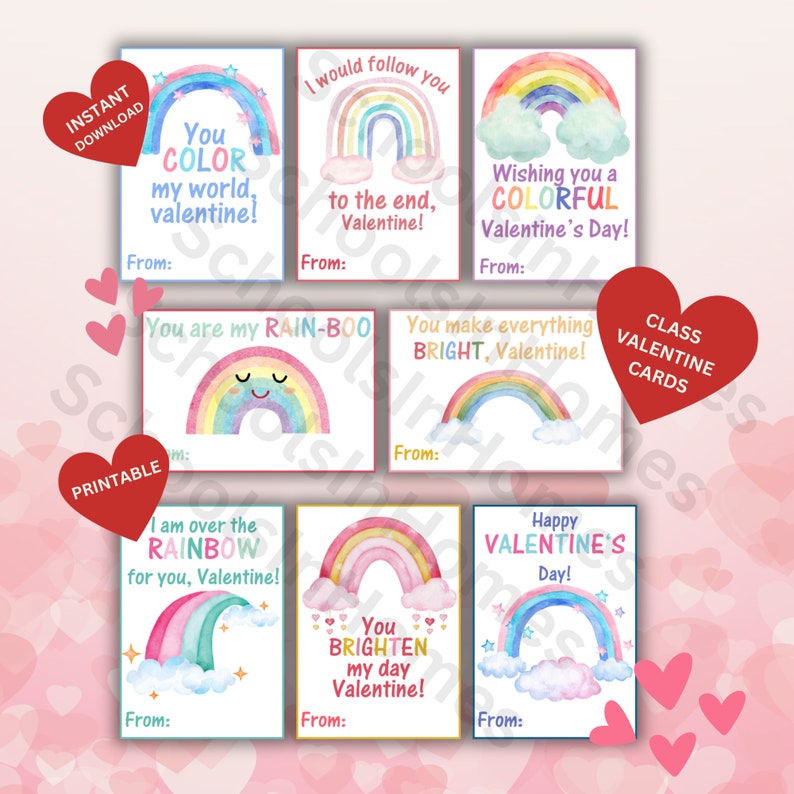 Rainbow Class Valentines | Printable Class Rainbow Valentines | Instant ...