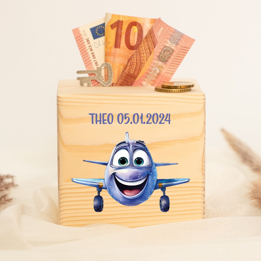 Personalized Wooden Money Box PLANE Blue Gift Birth Money Box Child ...