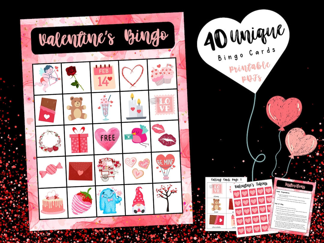 Valentine's Bingo Game Printable Pdfs 40 Unique Bingo Cards Party Game ...