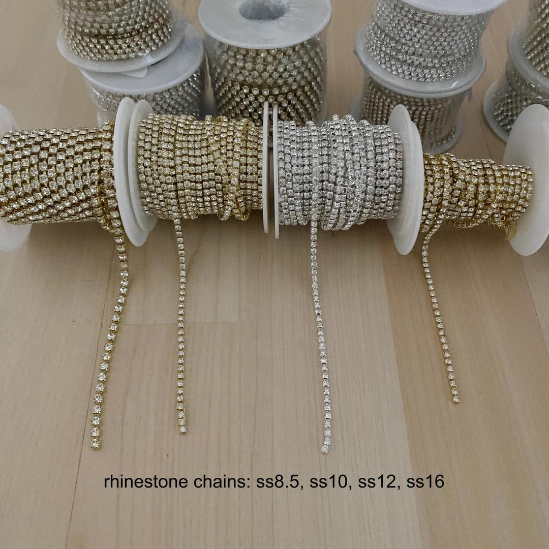 10 Yards Rhinestone Cup Chains Silver, Gold, and End Caps SS8-8.5, SS10 ...