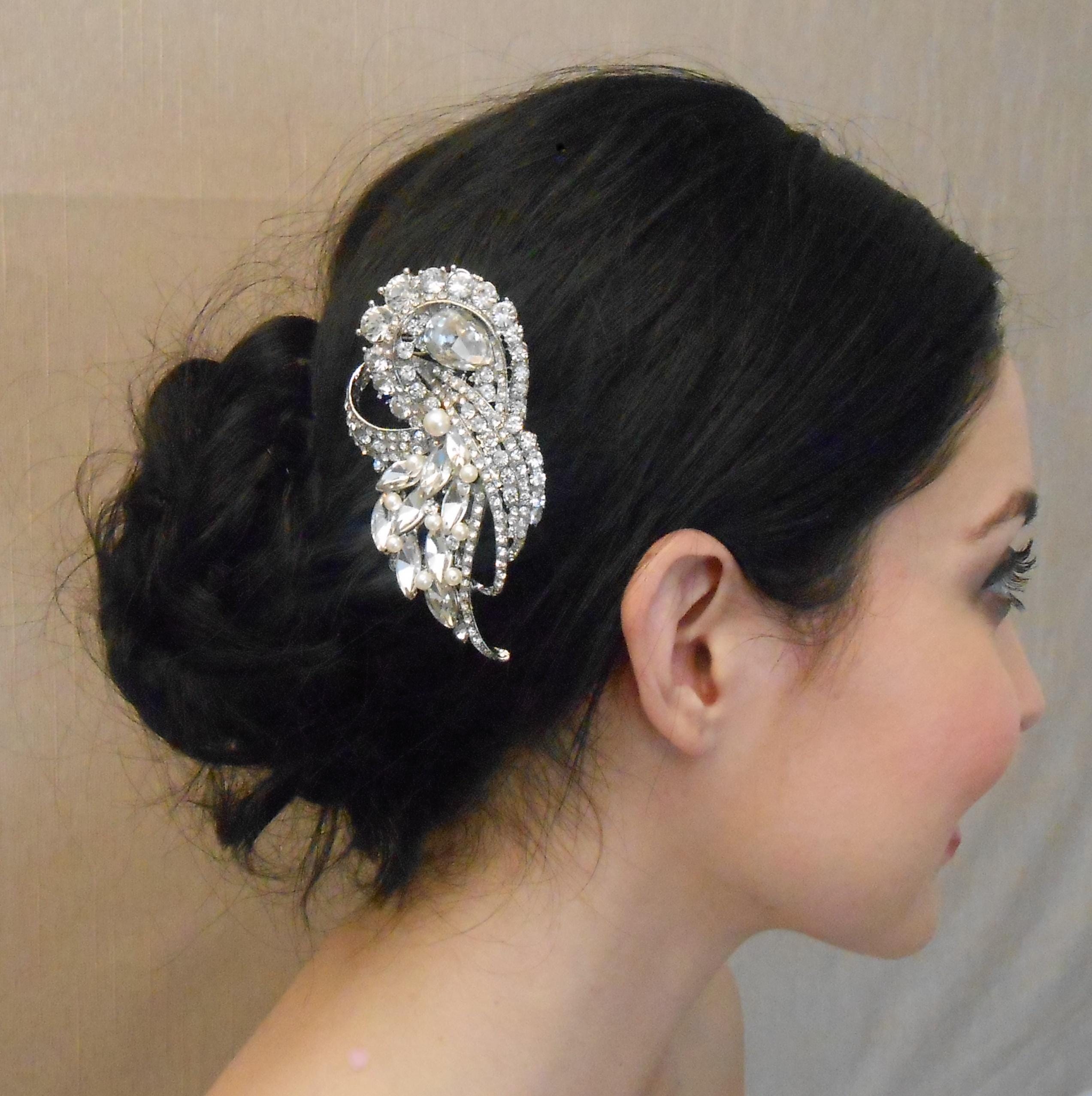 Bridal Hair Comb Wedding Hairpiece Crystals Pearls Silver Vintage Style ...