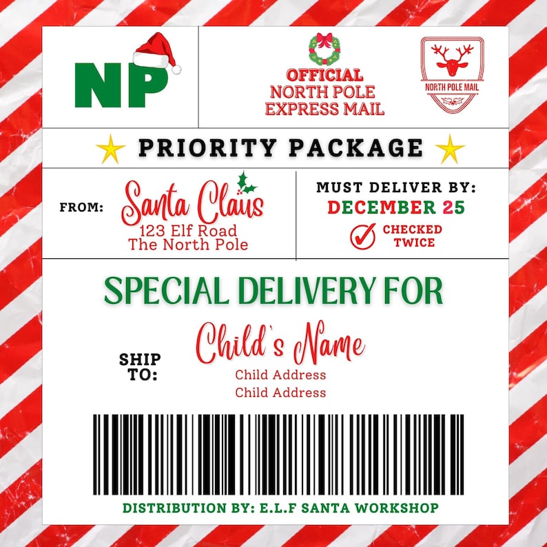 Editable North Pole Shipping Label, Santa Shipping Label, Christmas ...