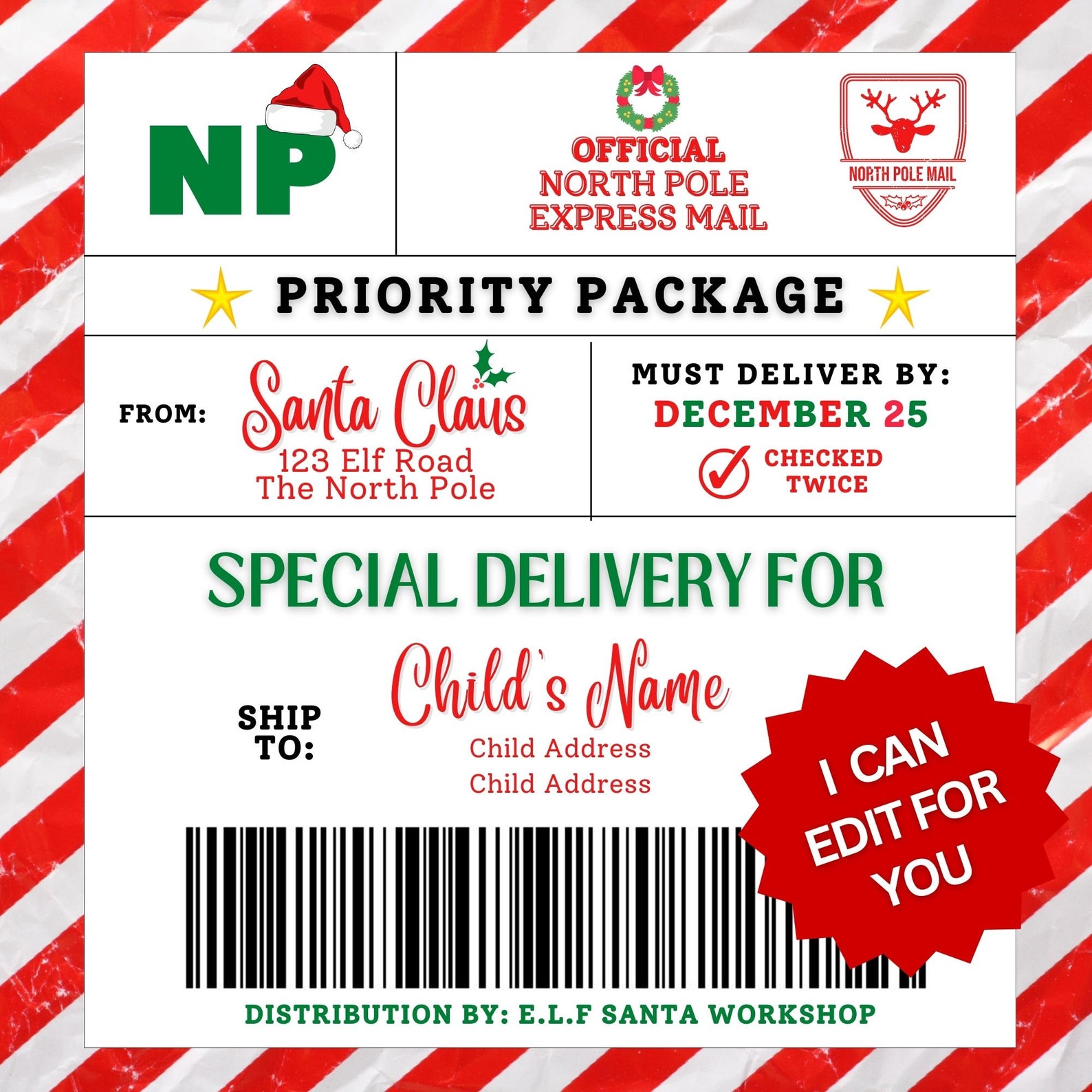 Editable North Pole Shipping Label, Santa Shipping Label, Christmas ...