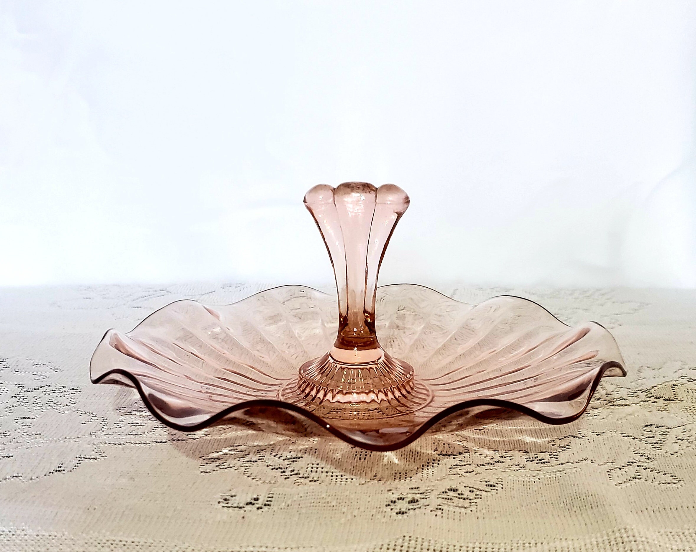 Pink Depression Glass Dish, Pink Candy Dish, Ruffled Depression Glass ...