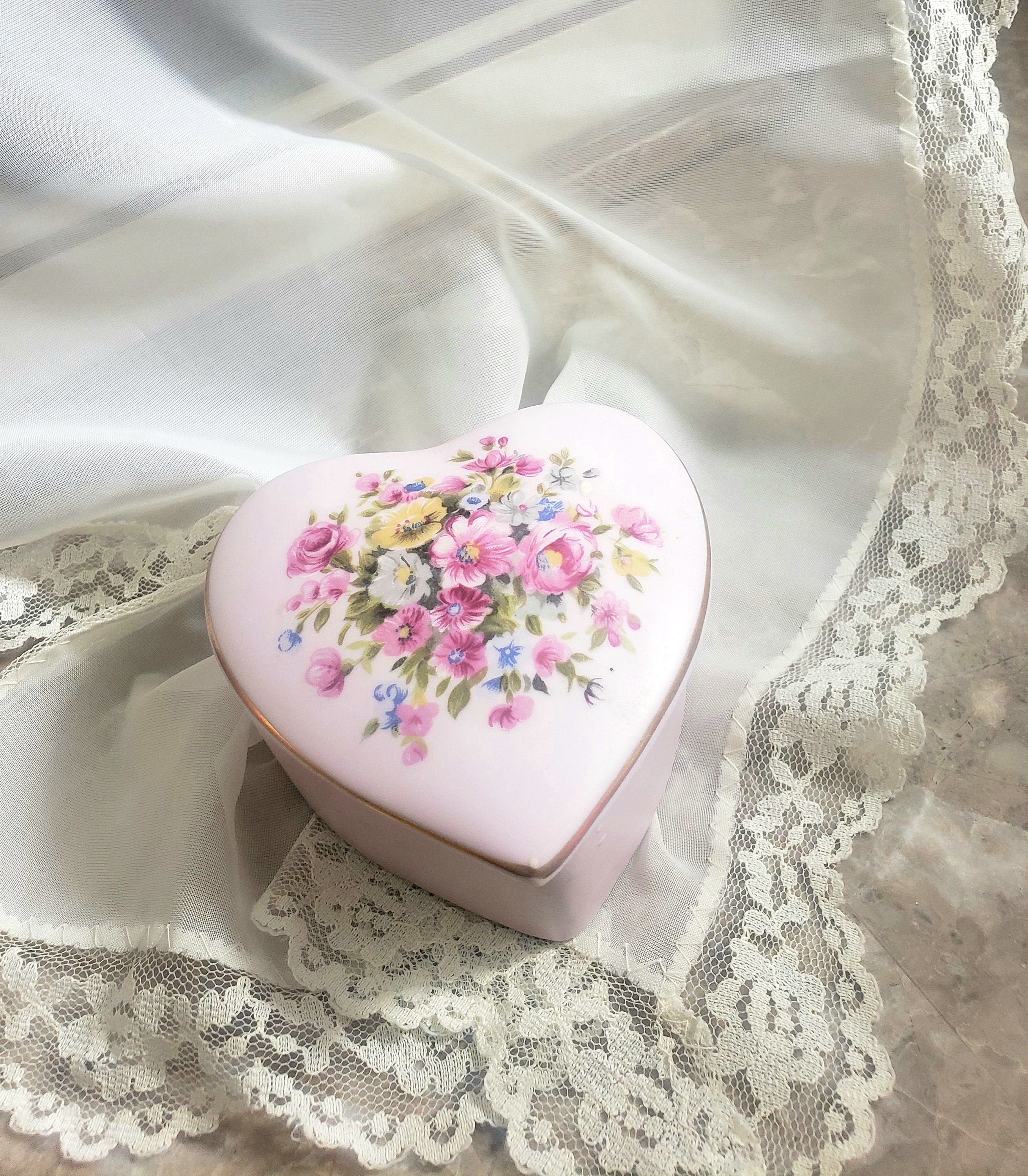 Vintage Pink Floral Porcelain Heart Shaped Trinket Box - Etsy
