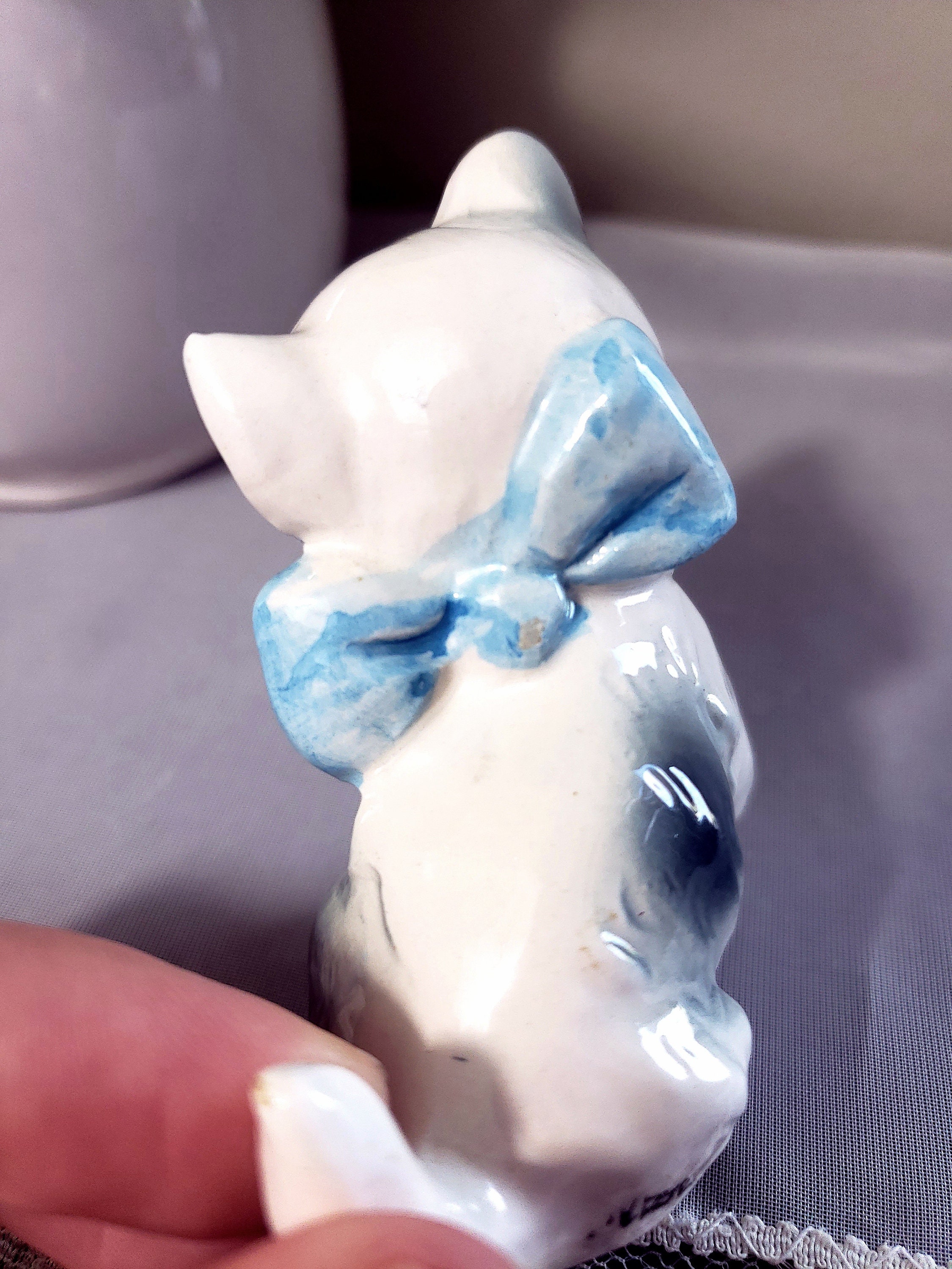 Vintage Small Ceramic Cat Figurine With Blue Bow, Made in Japan - Etsy