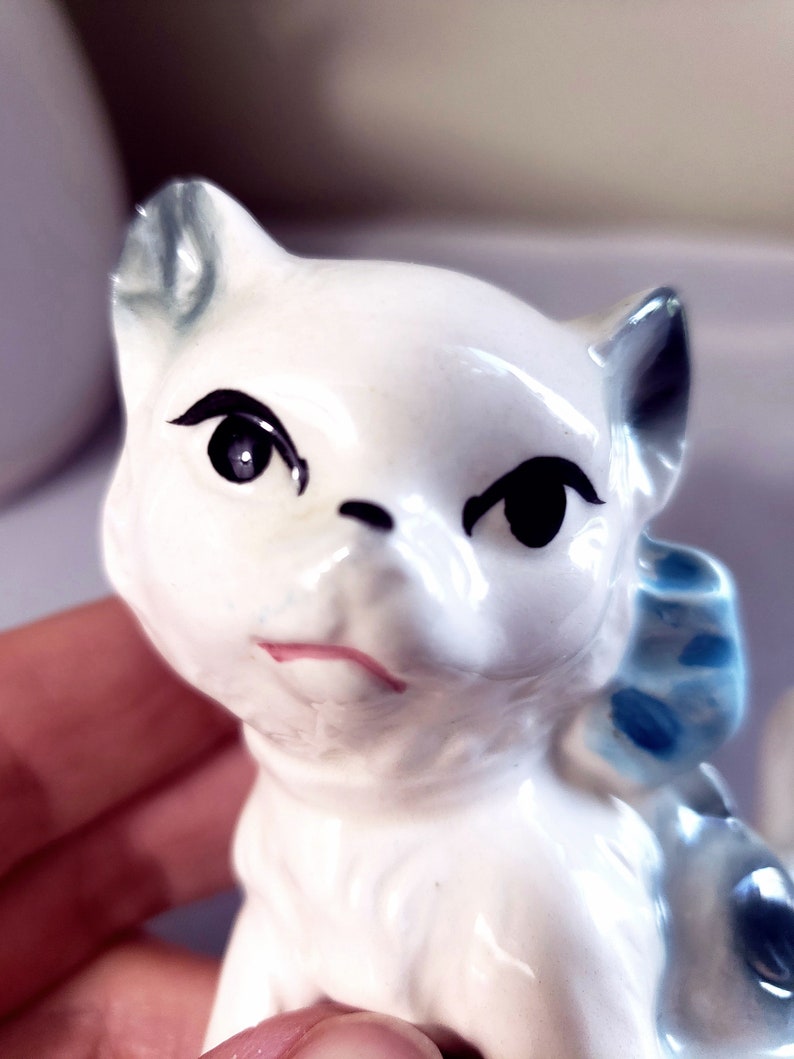 Vintage Small Ceramic Cat Figurine With Blue Bow, Made in Japan - Etsy