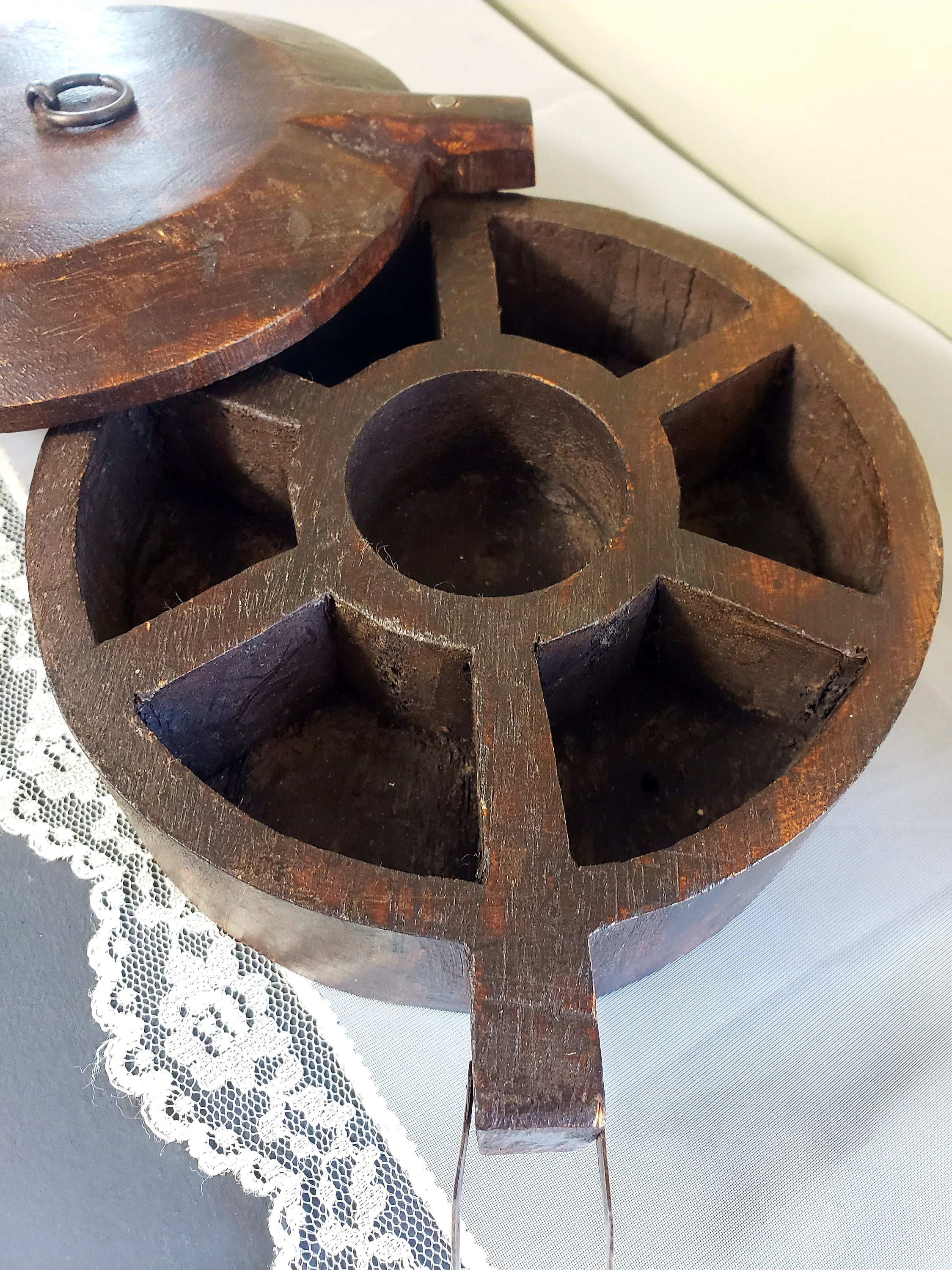 Vintage Primitive Style Hand Carved Wooden Masala Dabba, Indian Spice ...