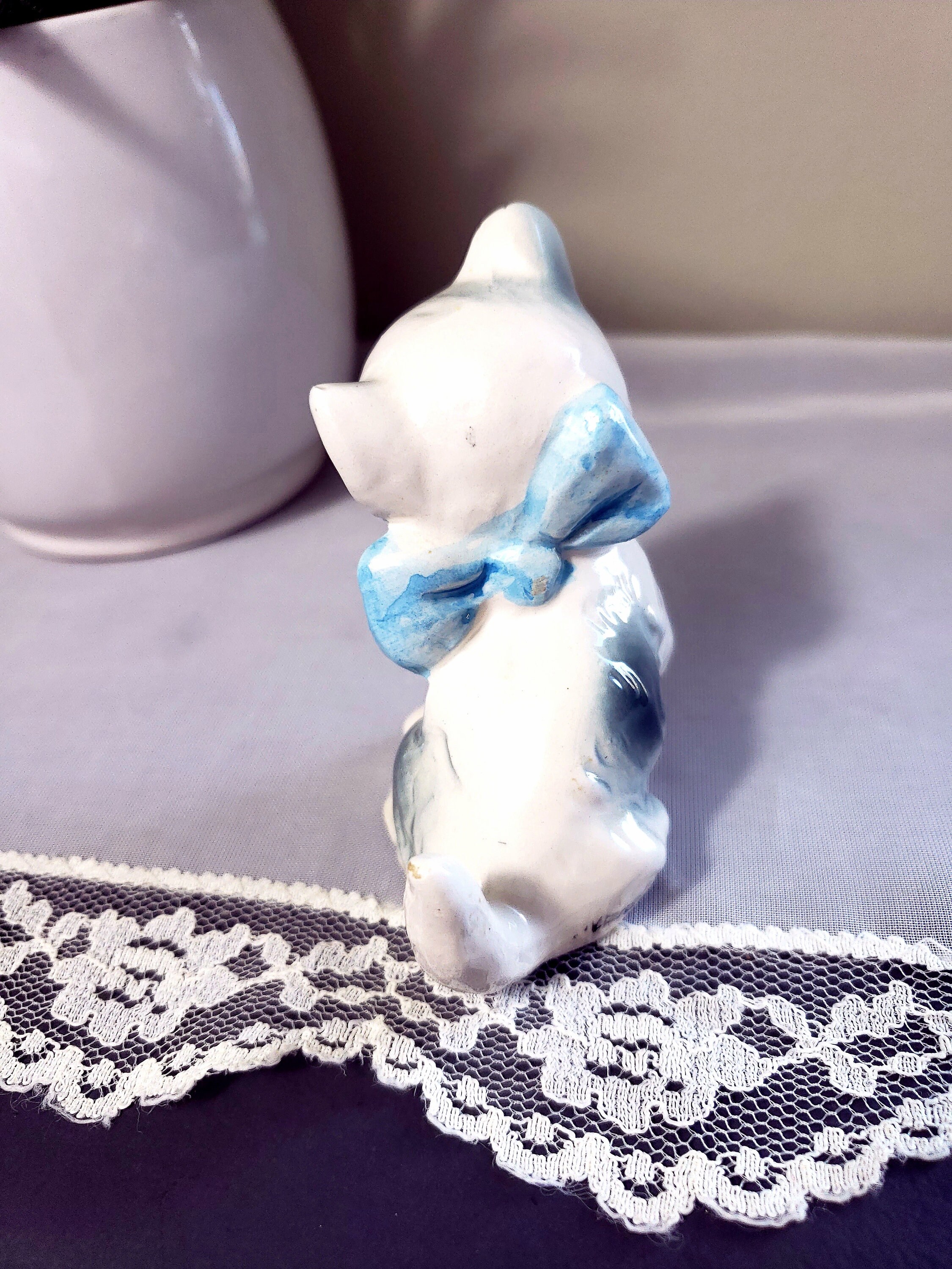 Vintage Small Ceramic Cat Figurine With Blue Bow, Made in Japan - Etsy