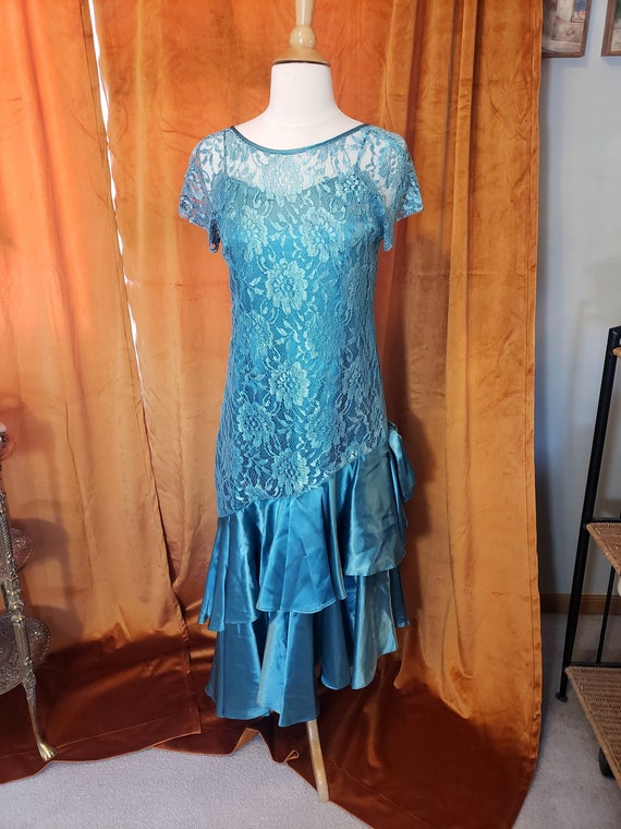 Vintage 1980s Blue Lace Puffy Sleeve Party Prom Forma… - Gem