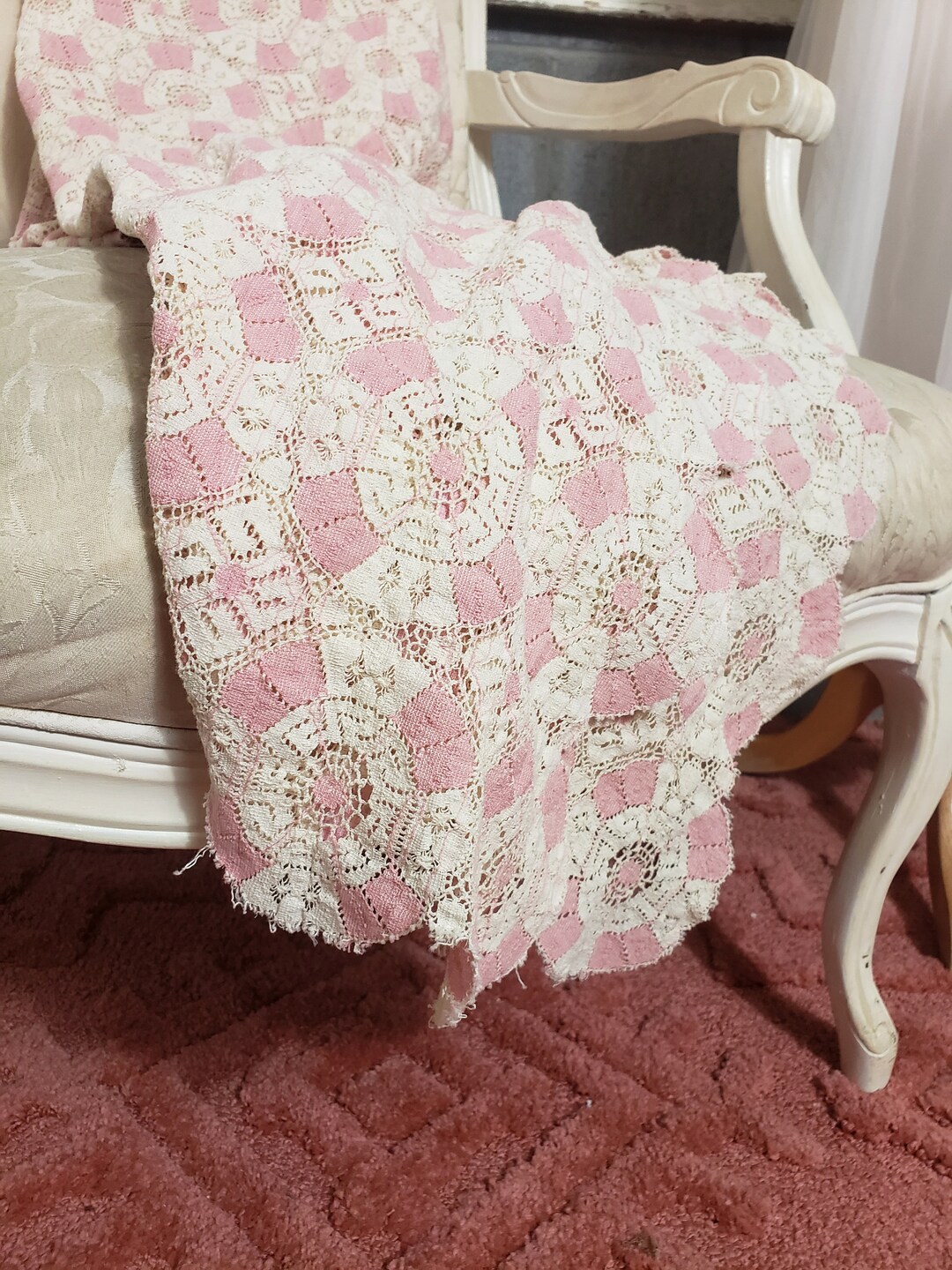 Vintage Pink and White Lace Tablecloth or Coverlet, AS IS, See ...