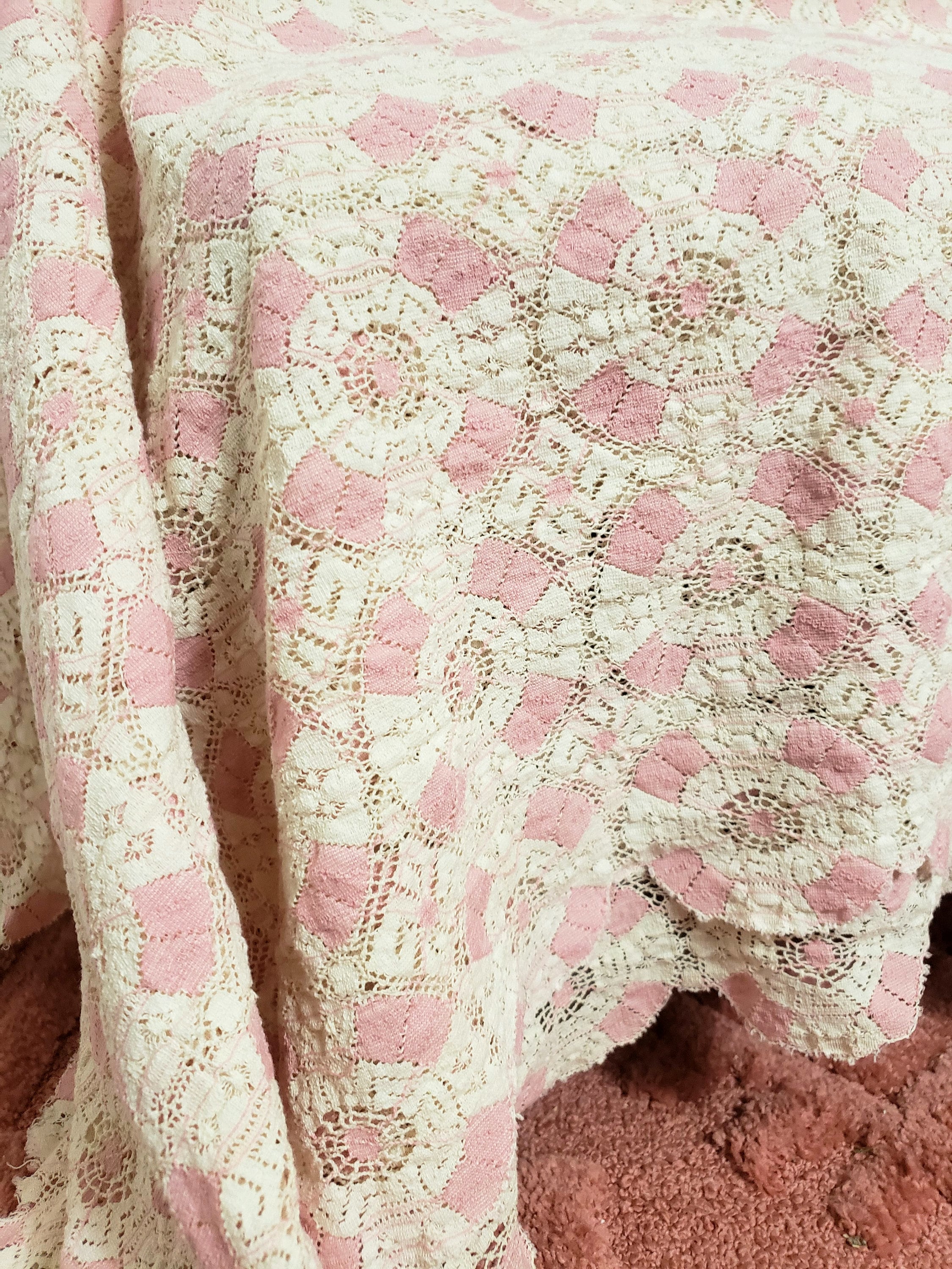 Vintage Pink and White Lace Tablecloth or Coverlet, AS IS, See ...