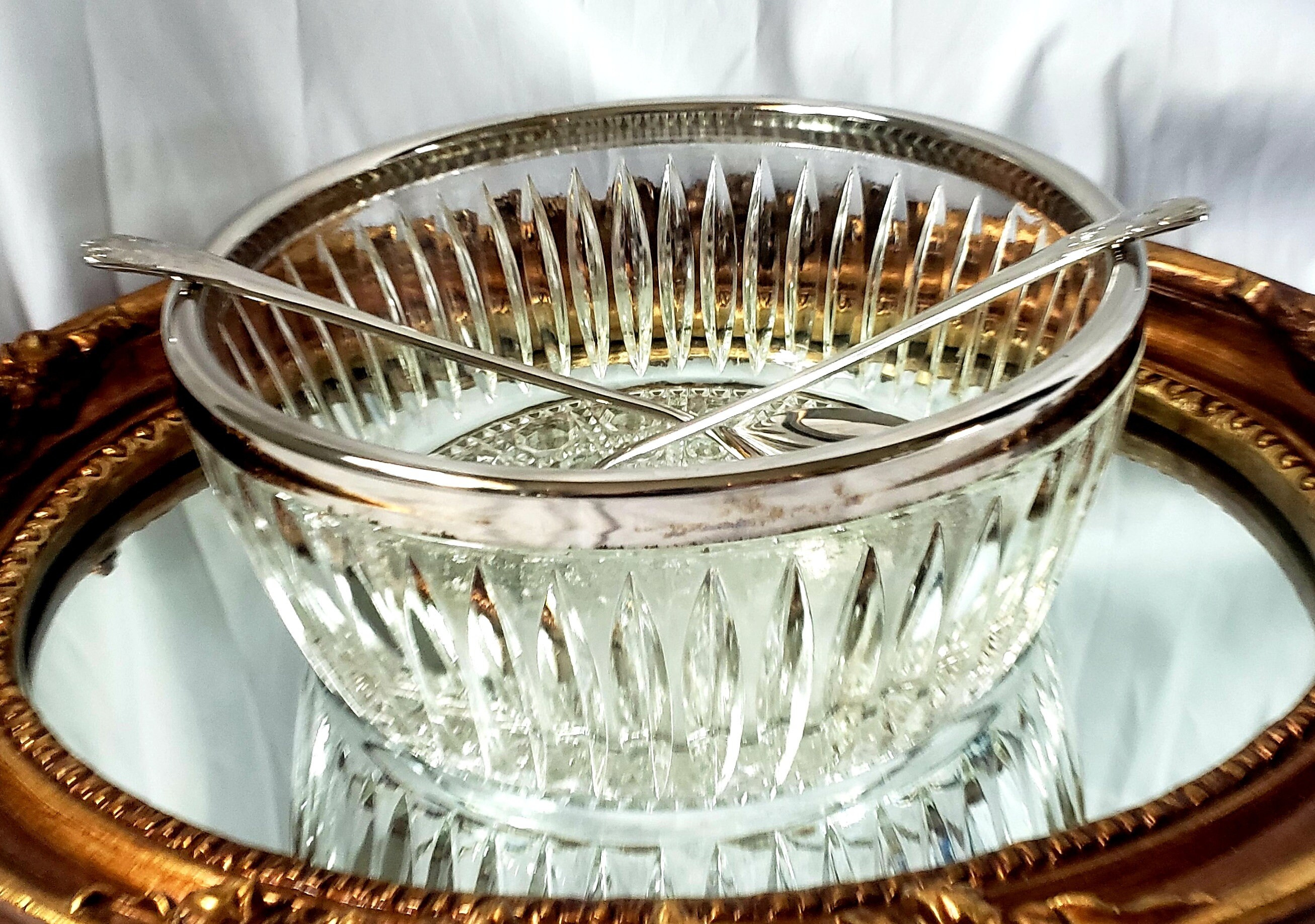 Large Crystal Salad Bowl With Silverplate Rim and Silverplate Salad ...