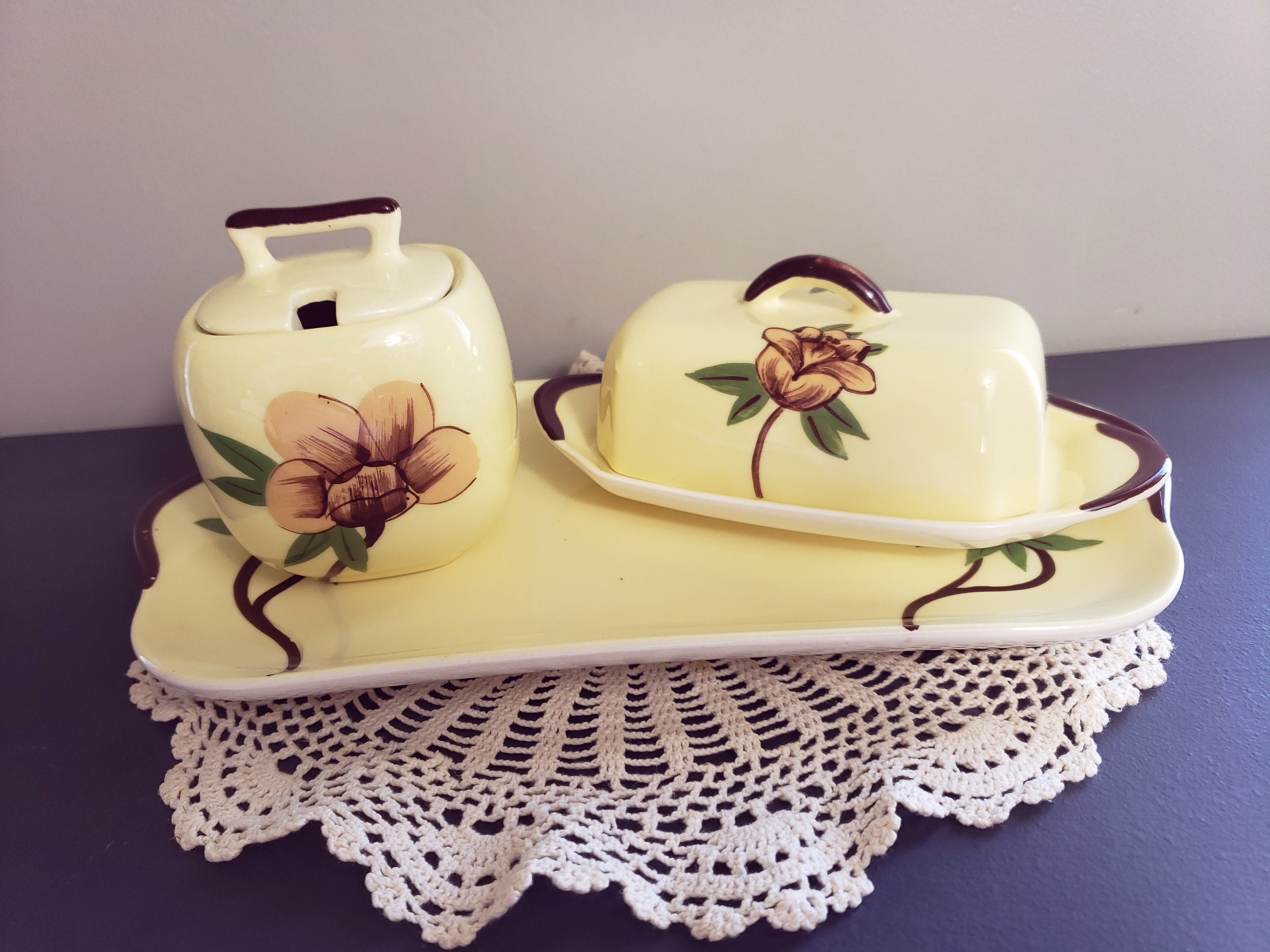 Set of Vintage 1940s Weil Ware Yellow Rose, Hand Decorated, Made in ...