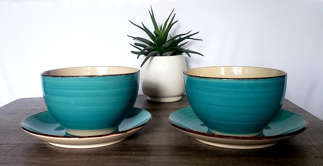 Turquoise Royal Norfolk Bowl and Plate Set With 2 Bowls and 2 Plates ...