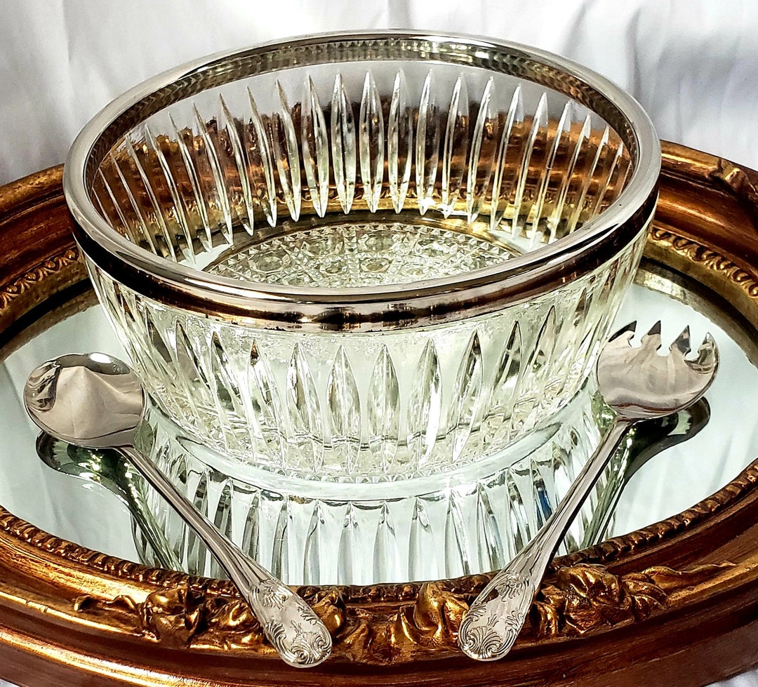 Large Crystal Salad Bowl With Silverplate Rim and Silverplate Salad ...