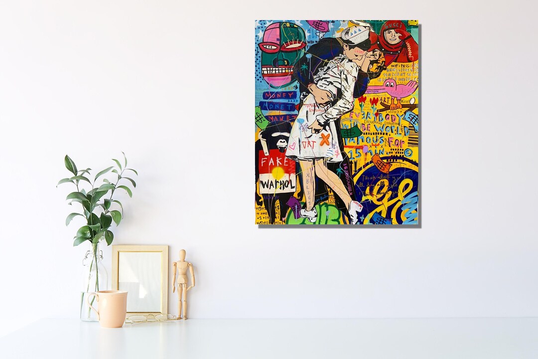 Banksy Victory Kiss Canvas Wall Art|couple Kissing Street Graffiti Art ...