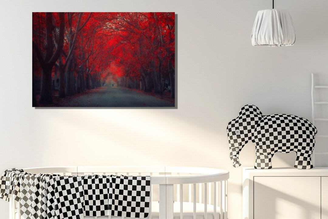 Beautiful Red Tree Park Print|red Leaves Forest Canvas Wall Art|living ...
