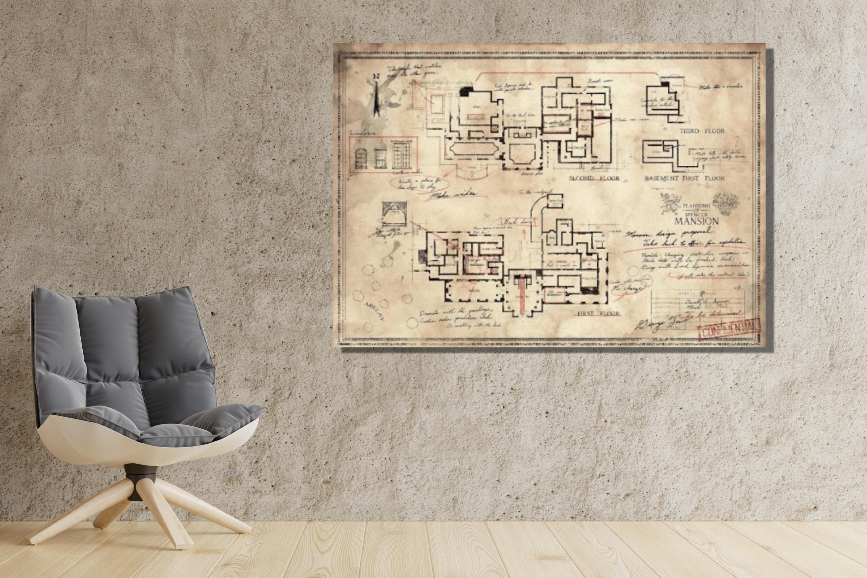 Resident Evil Map Posterthe Spencer Mansion Plan Canvas Wall - Etsy
