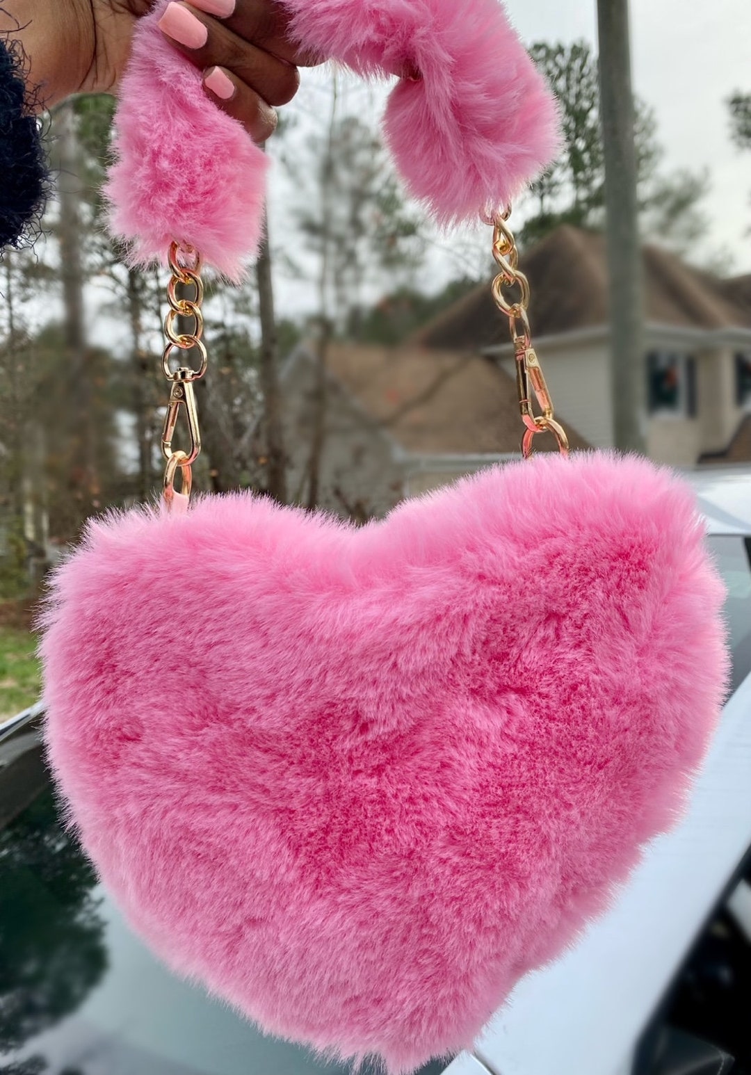 Faux Fur Plush Heart Shaped Fluffy Furry Bag Purse With Gold Chain ...