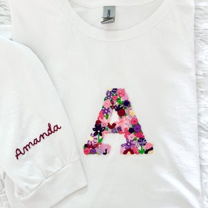 Adult Custom Hand Embroidered Floral Monogram Initial Crewneck ...