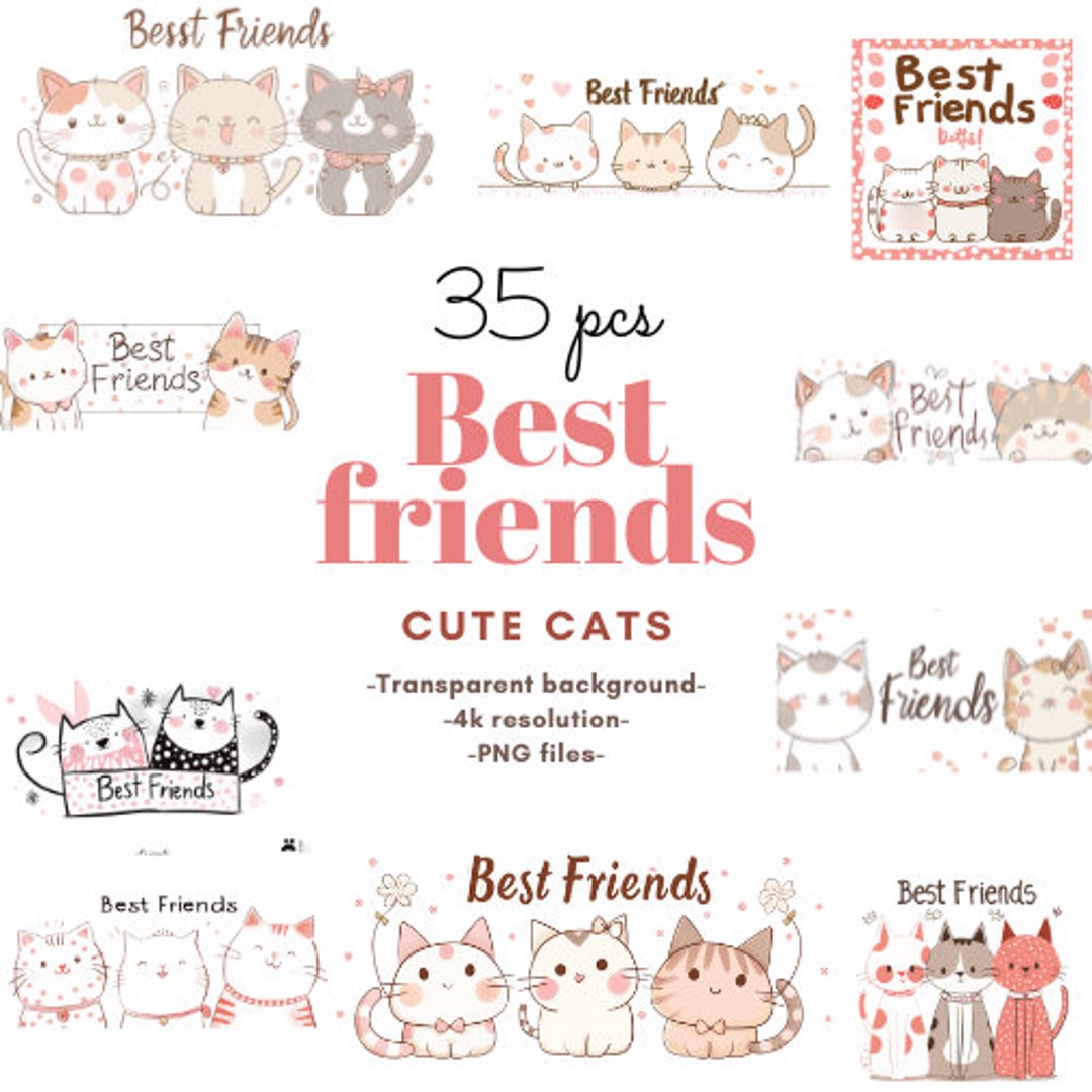 Cute Cat Best Friends Clipart Bundle, Set of 35 High Quality Pngs ...