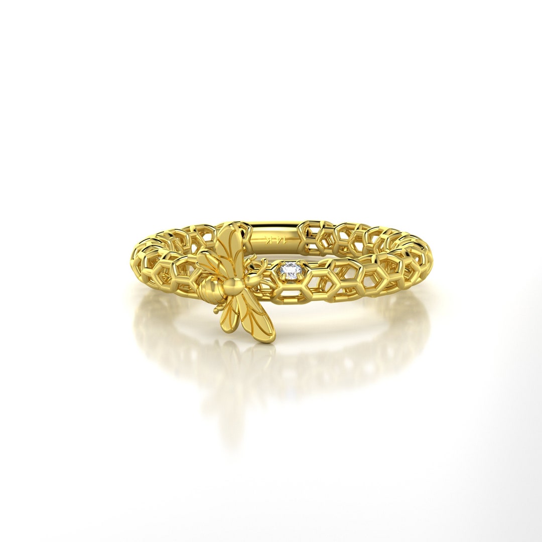 Unique Honeycomb Ring, 14k Solid Yellow Gold Band With Diamond for Her ...