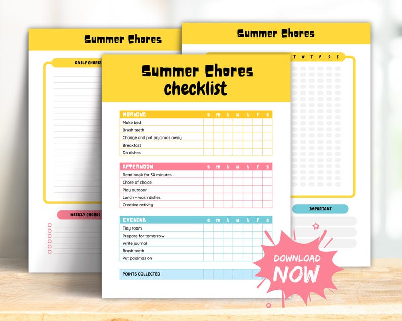 Printable Summer Chore Chart for Kids Motivational Tracker Toddler ...
